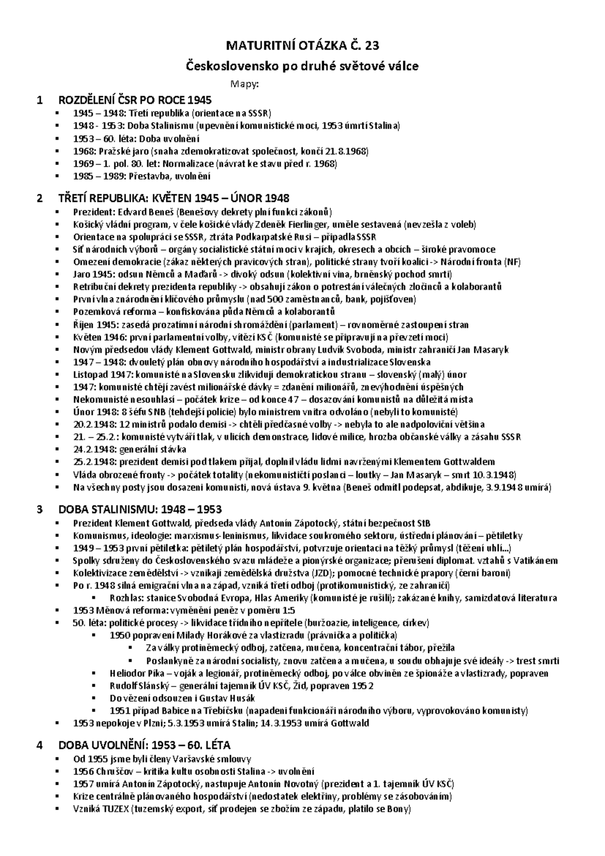 MATURITNÍ OTÁZKA Č. 23: Československo po 2. světové válce - Studocu