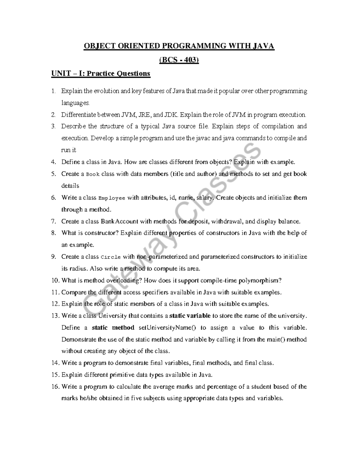 BCS 403: OOP with Java Unit I - Practice Questions and Exercises - Studocu