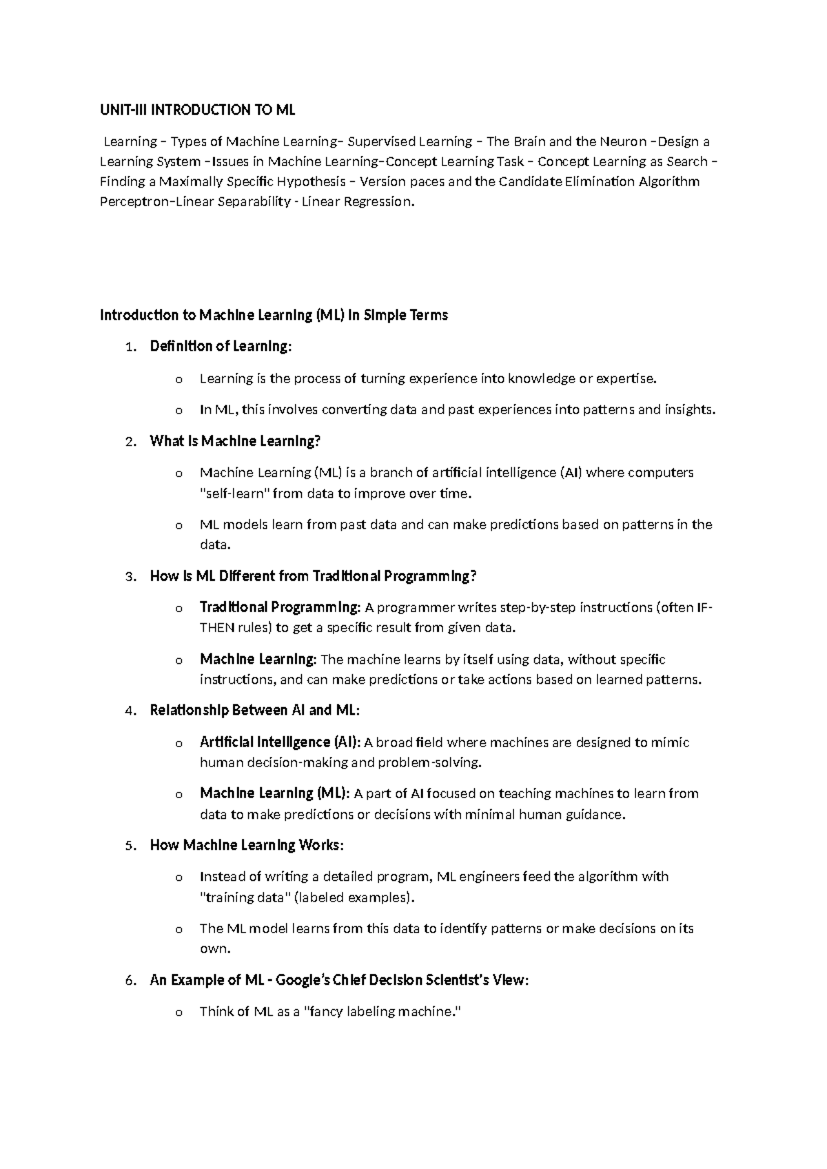 UNIT3(ML) - Comprehensive Notes on Machine Learning Concepts - Studocu