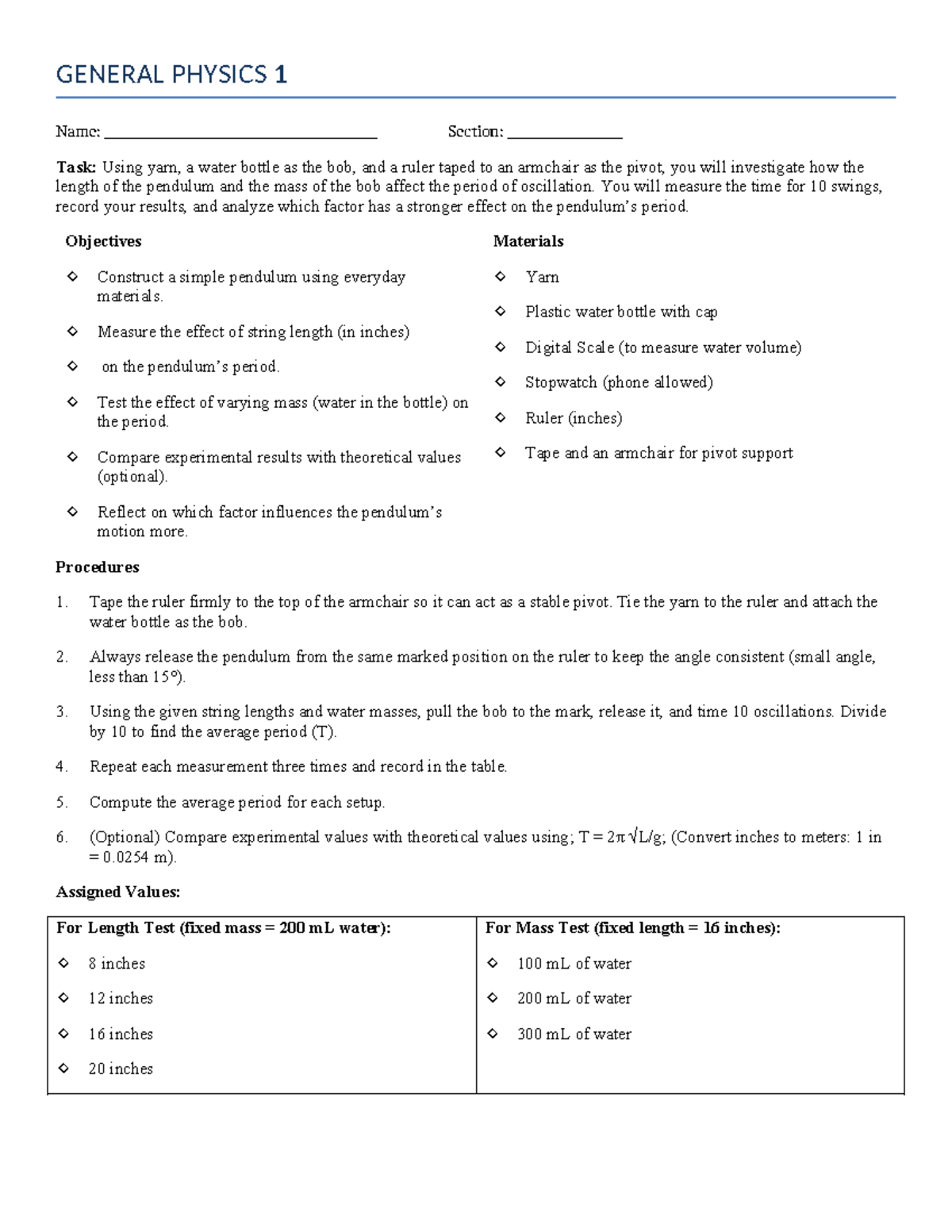 PHYS 101: Simple Pendulum Experiment on Oscillation Period - Studocu