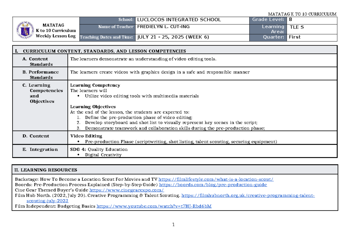 DLL Matatag TLE 8 Q1 W6 - Video Editing Lesson Exemplar - Studocu