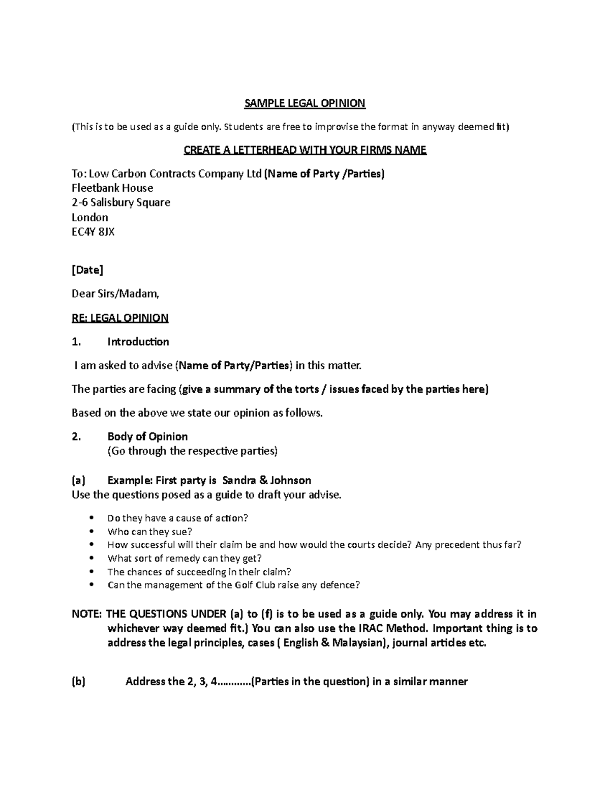 Legal Opinion - SAMPLE LEGAL OPINION (This is to be used as a guide ...