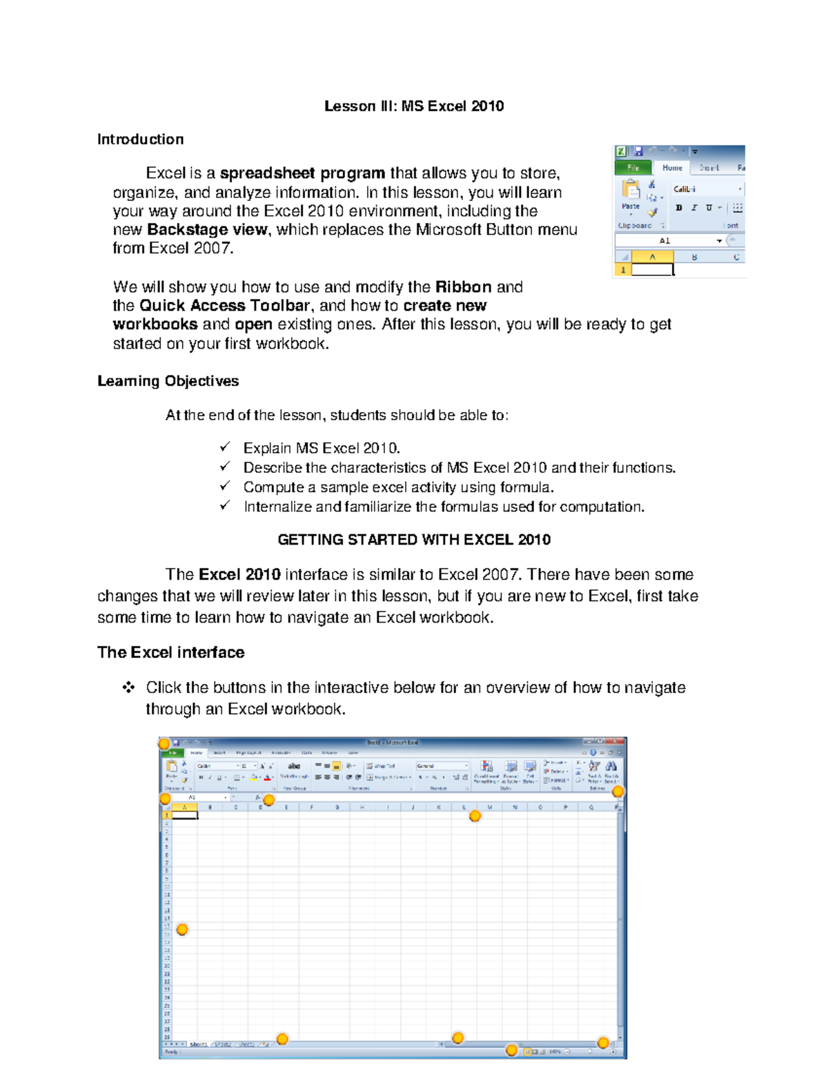 L2 MS Excel 2010 - Lesson III: MS Excel 2010 Introduction Excel is a ...