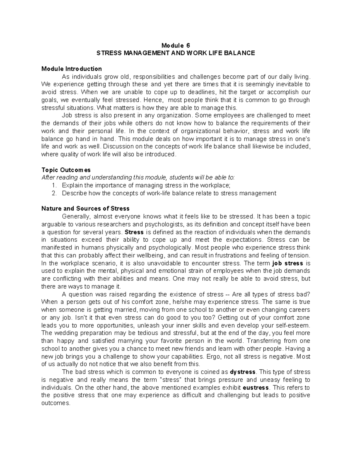 Human Behavior IN Organization Module 6 - Module 6 STRESS MANAGEMENT ...
