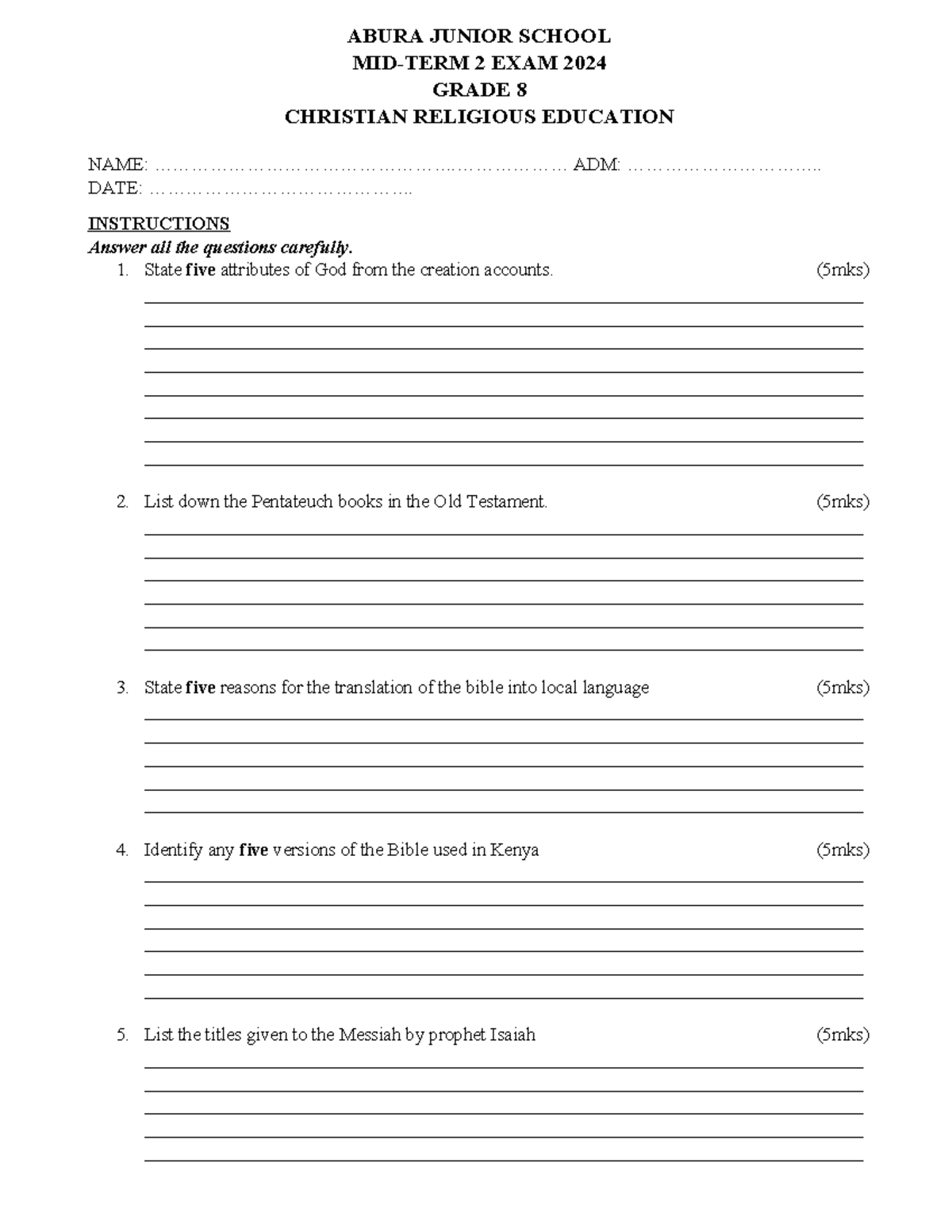Grade 8 CRE Mid-Term 2 Exam 2024 - Abura Junior School - Studocu