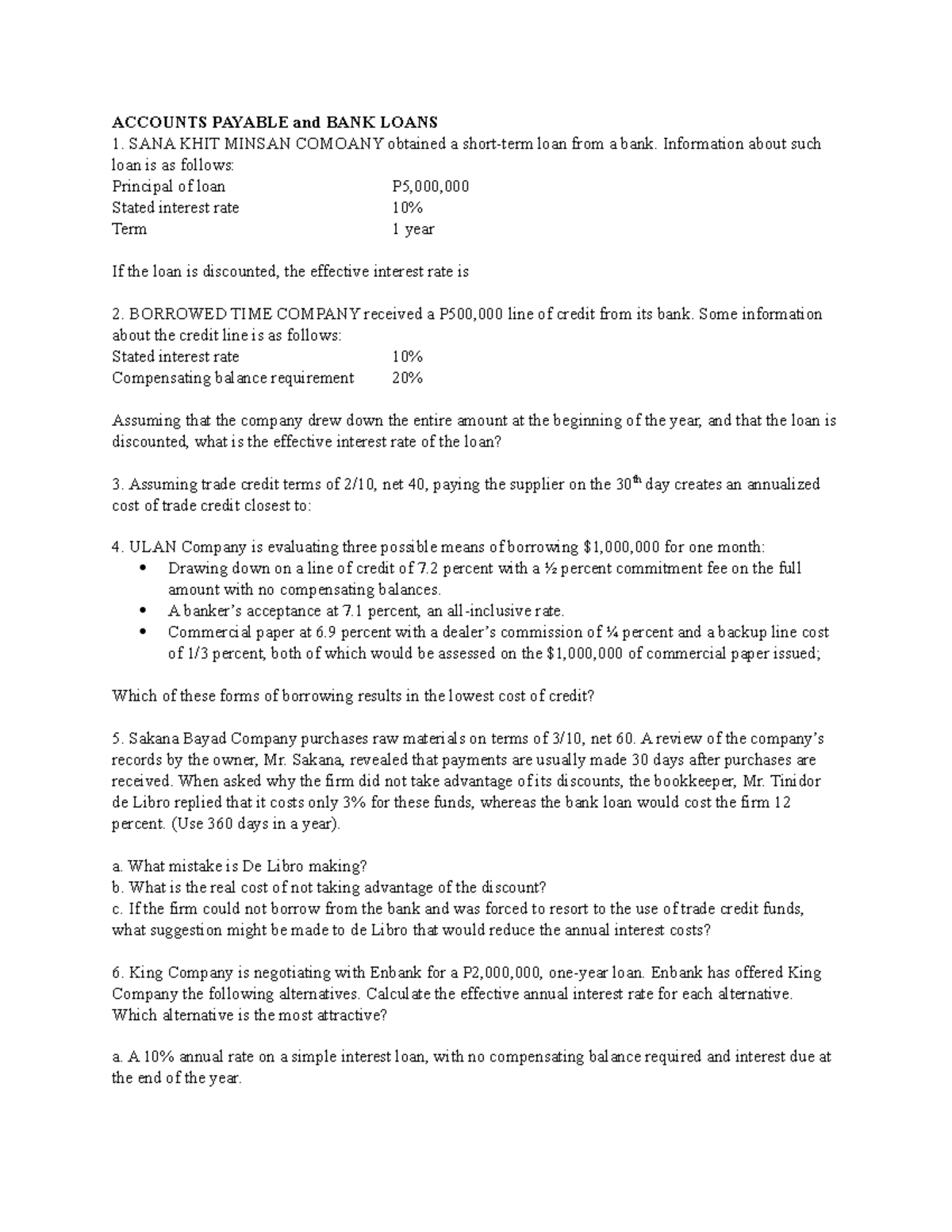 Accounts Payable and Bank Loans: Effective Rates and Credit Analysis ...