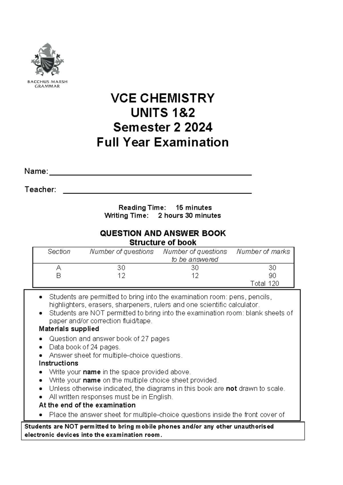 VCE Chemistry Units 12 Full Year Exam Sem 2 2024 - Studocu