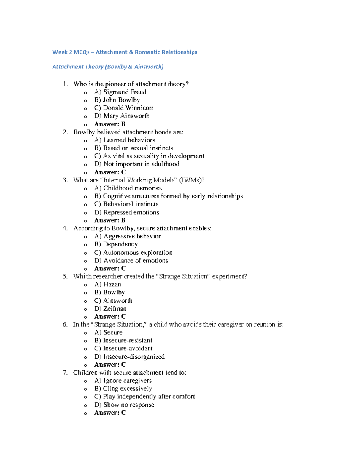 Week 2 MCQs: Attachment Theory & Romantic Relationships (Psych 101 ...