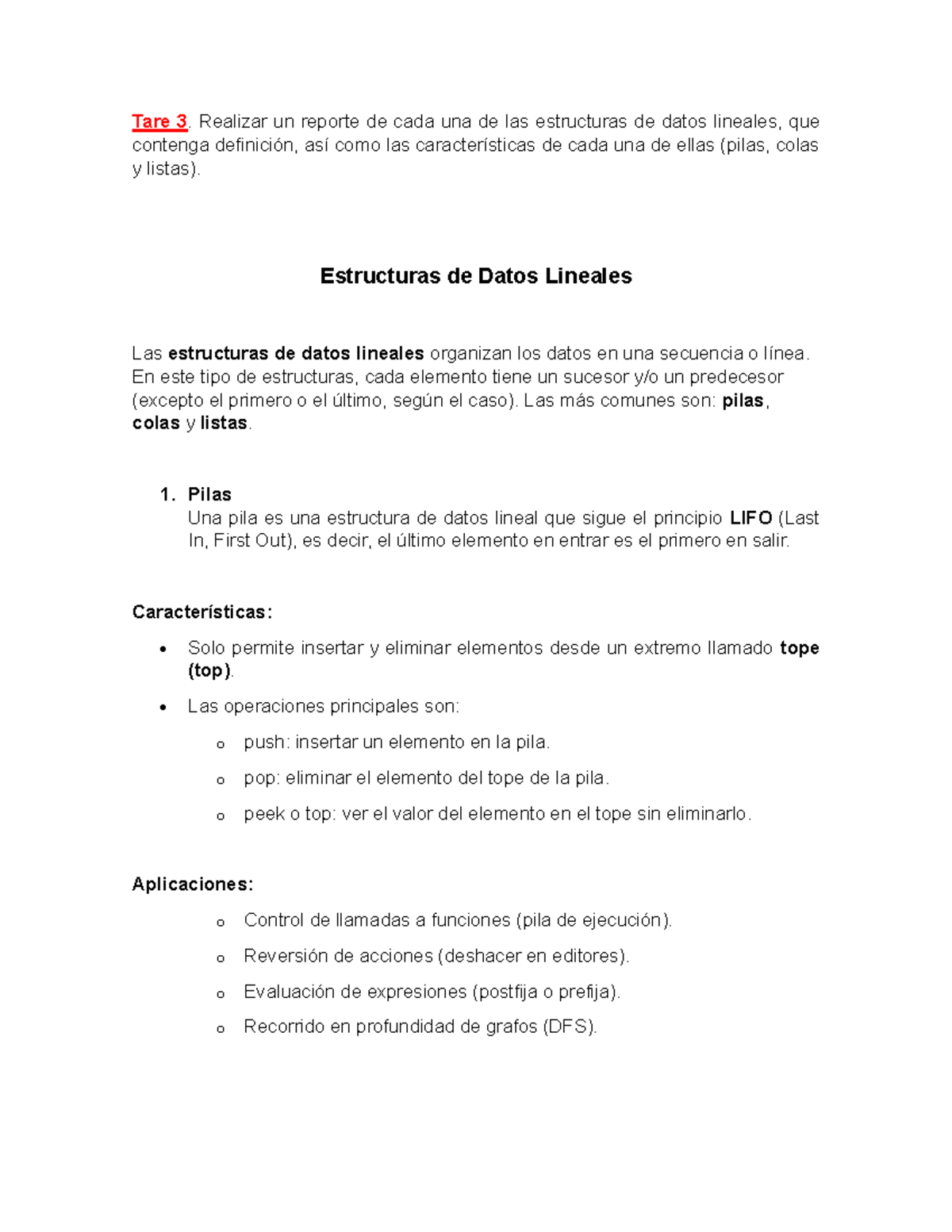 Tarea 3: Reporte sobre Estructuras de Datos Lineales (Pilas, Colas ...
