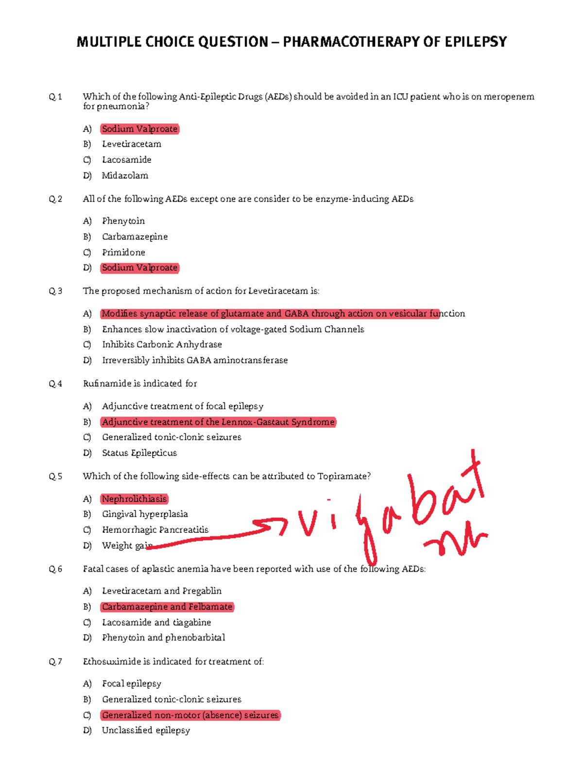 Epilepsy Pharmacotherapy MCQs - Study Guide for EPI 101 - Studocu