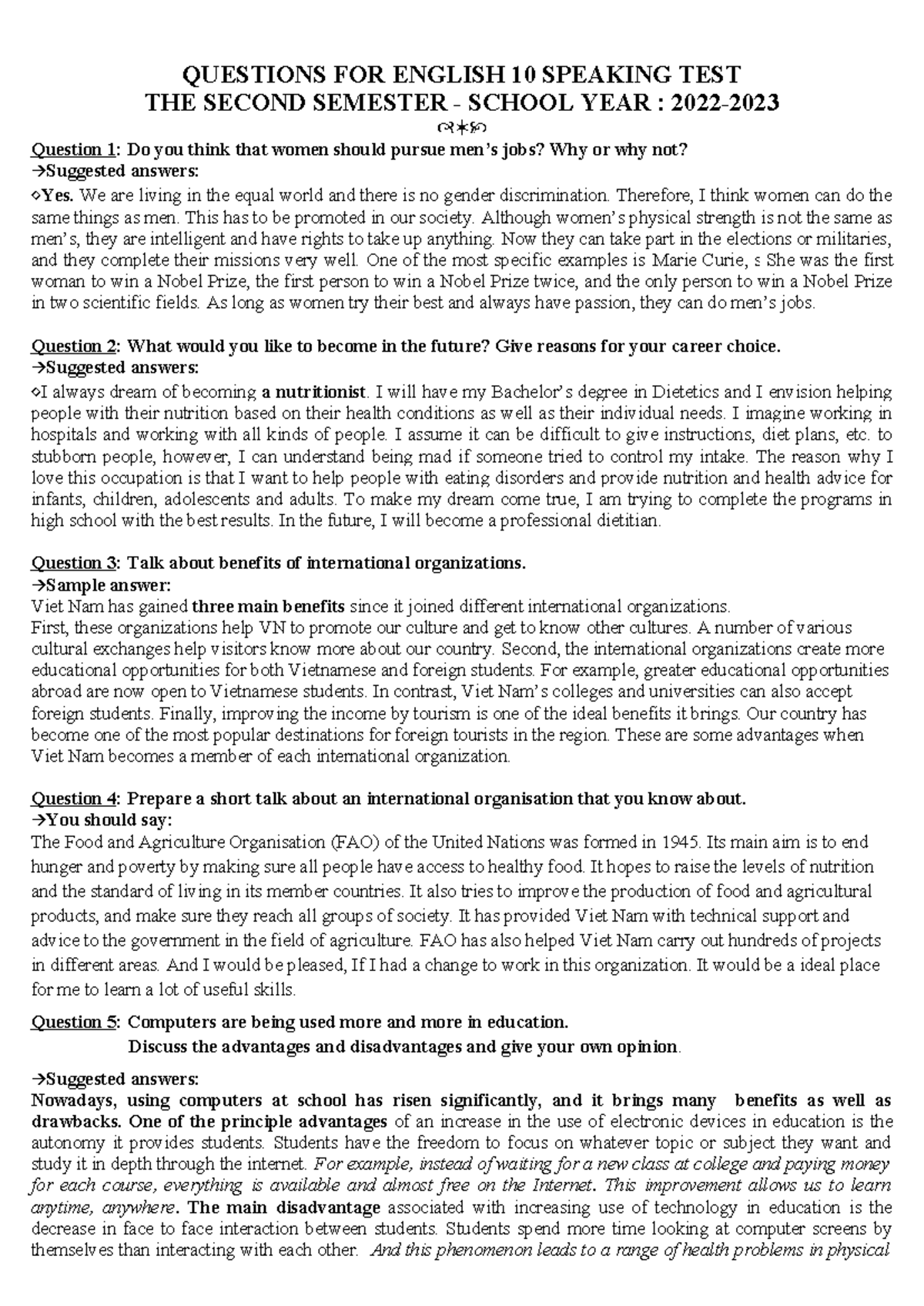 Speaking TEST - HK2 - K10 - 2022-2023 - QUESTIONS FOR ENGLISH 10 ...