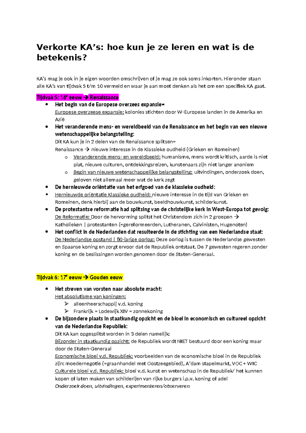 Verkorte KA's Geschiedenis: Tijdvakken van de Renaissance tot WOII ...