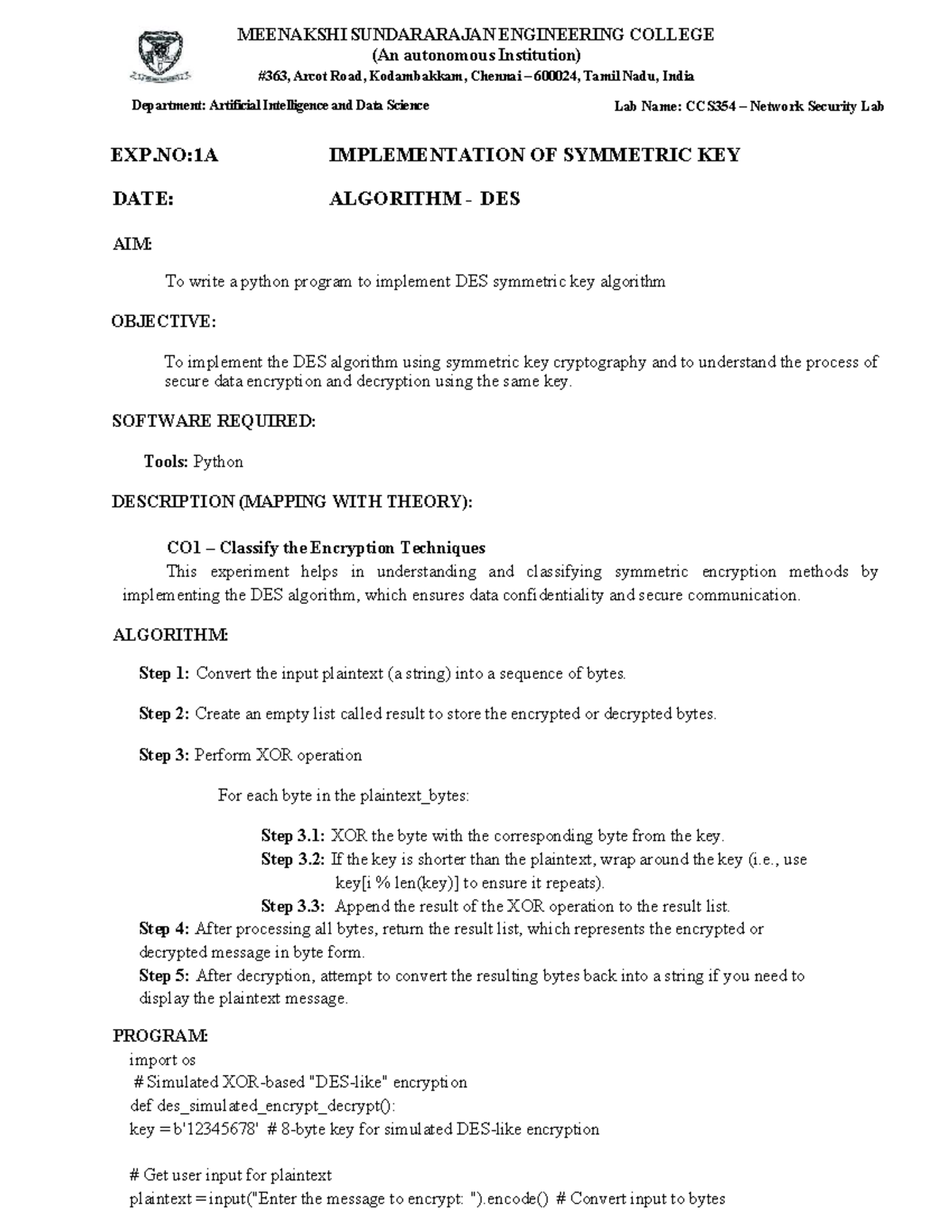 CCS354 Network Security Lab: Implementation of DES Symmetric Key Algorithm - Studocu