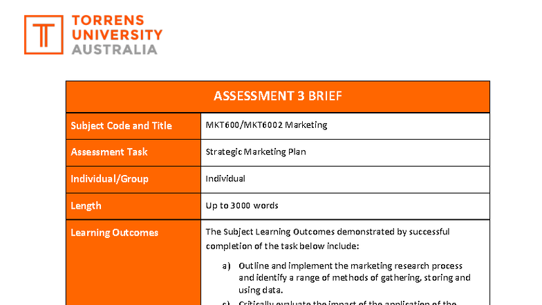 MKT600 Strategic Marketing Plan Assessment 3 Brief - Studocu