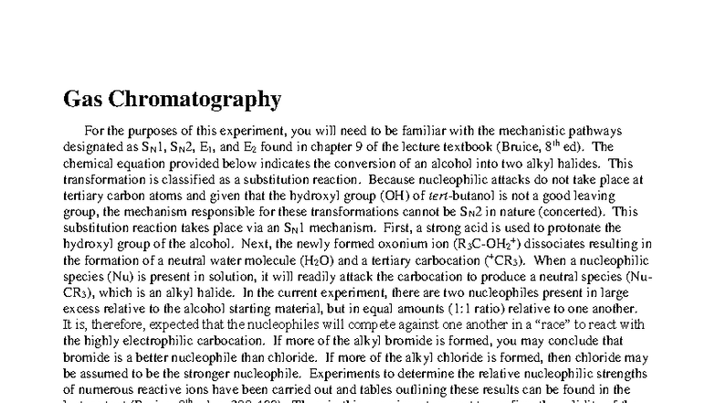 Gas Chromatography - Experiment 11: SN1 Mechanism Analysis - Studocu
