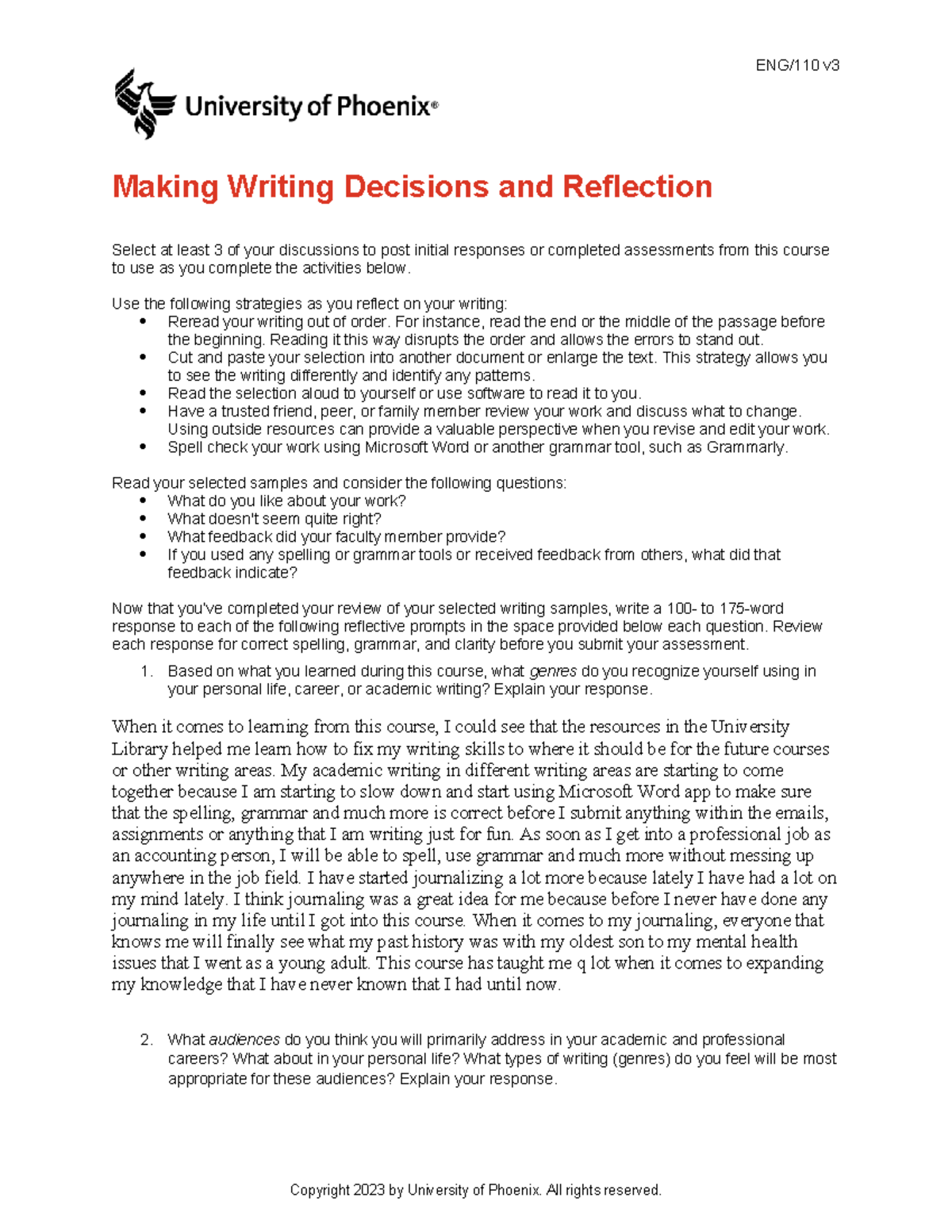 ENG/110 v3 Week 5 Writing Decisions & Reflection Strategies - Studocu