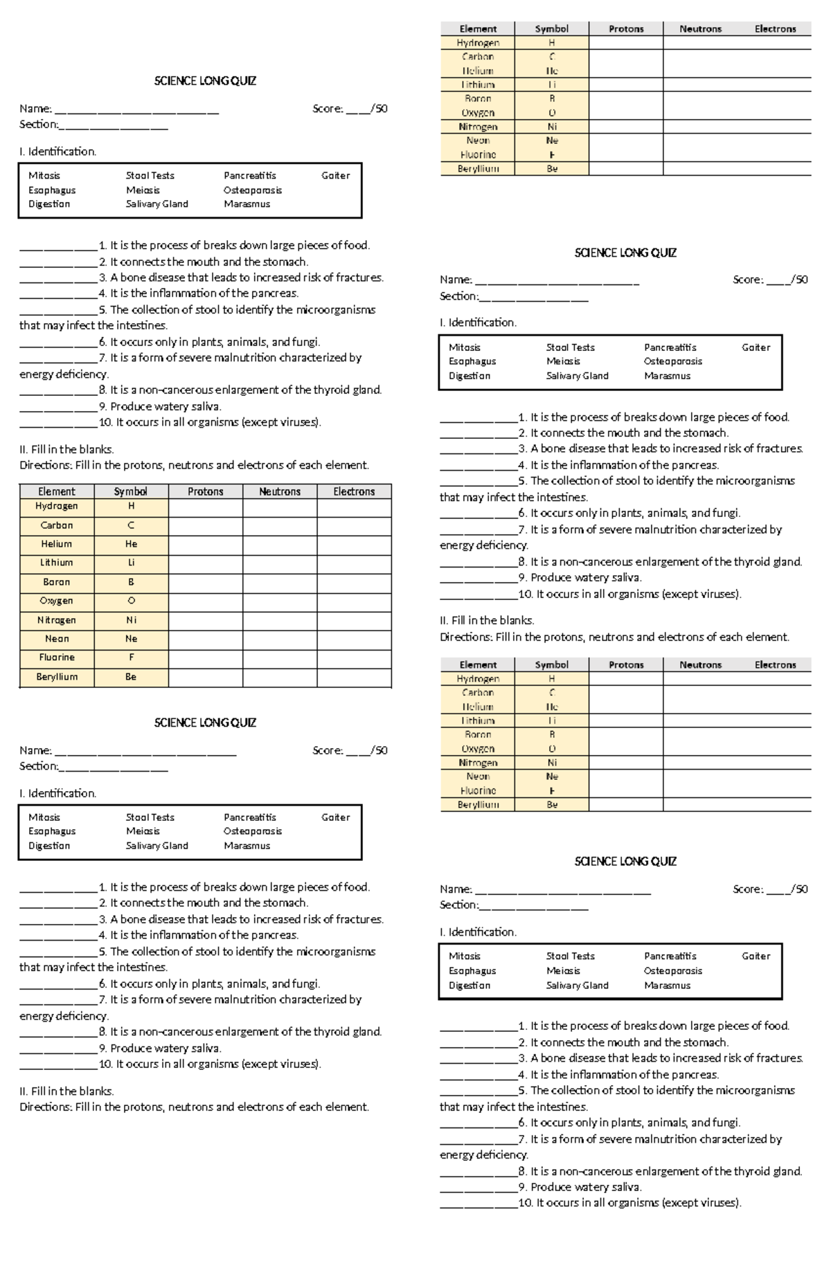SCIENCE LONG QUIZ: Identification & Fill-in-the-Blanks on Key Concepts ...