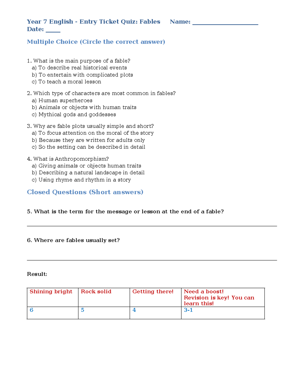 Year 7 English Entry Ticket Quiz: Understanding Fables - Studocu