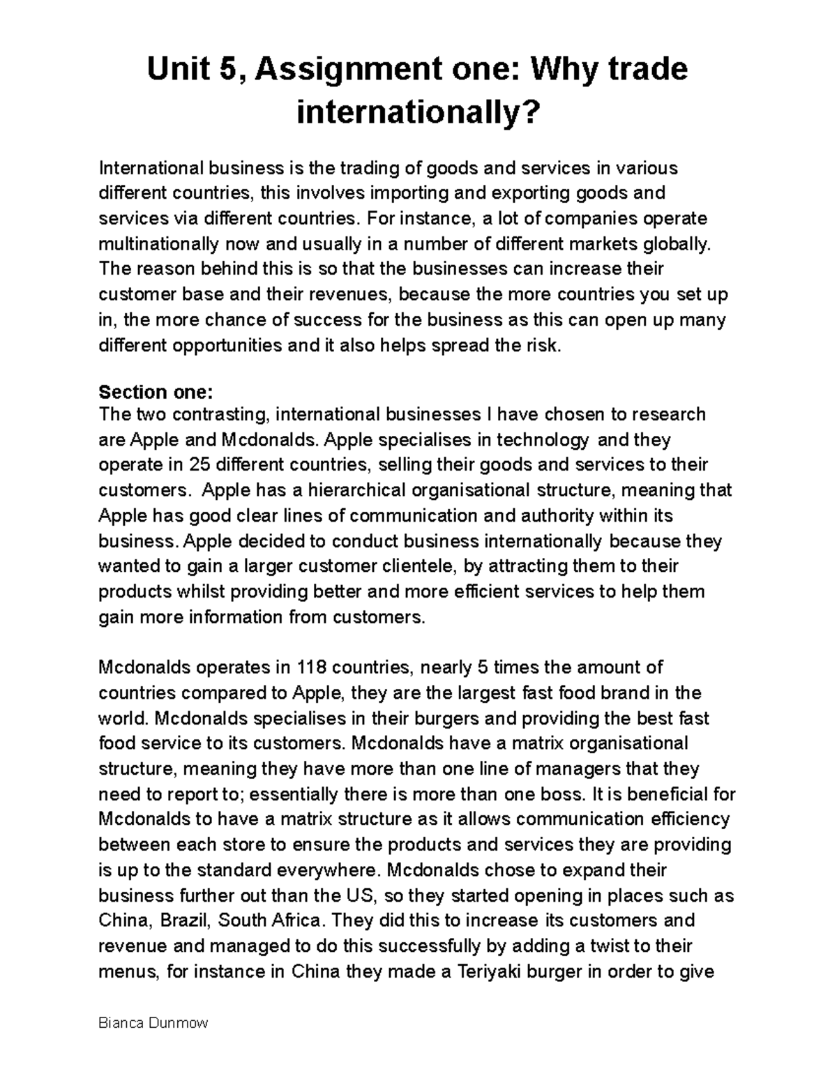 Unit 5,assignment 1: international business: - internationally? International business is the ...