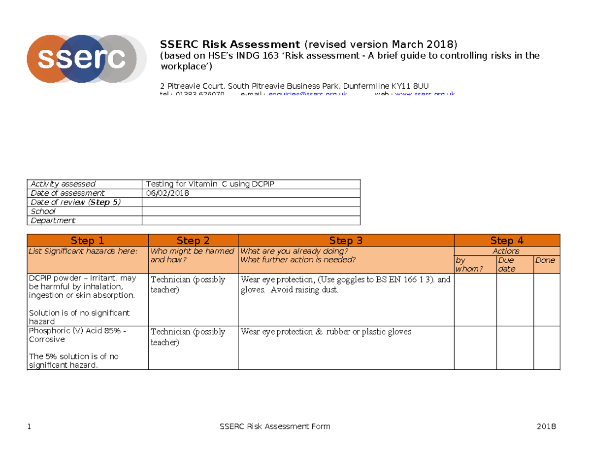 Risk Assessment for Vitamin C Testing using DCPIP (Lab Activity) - Studocu