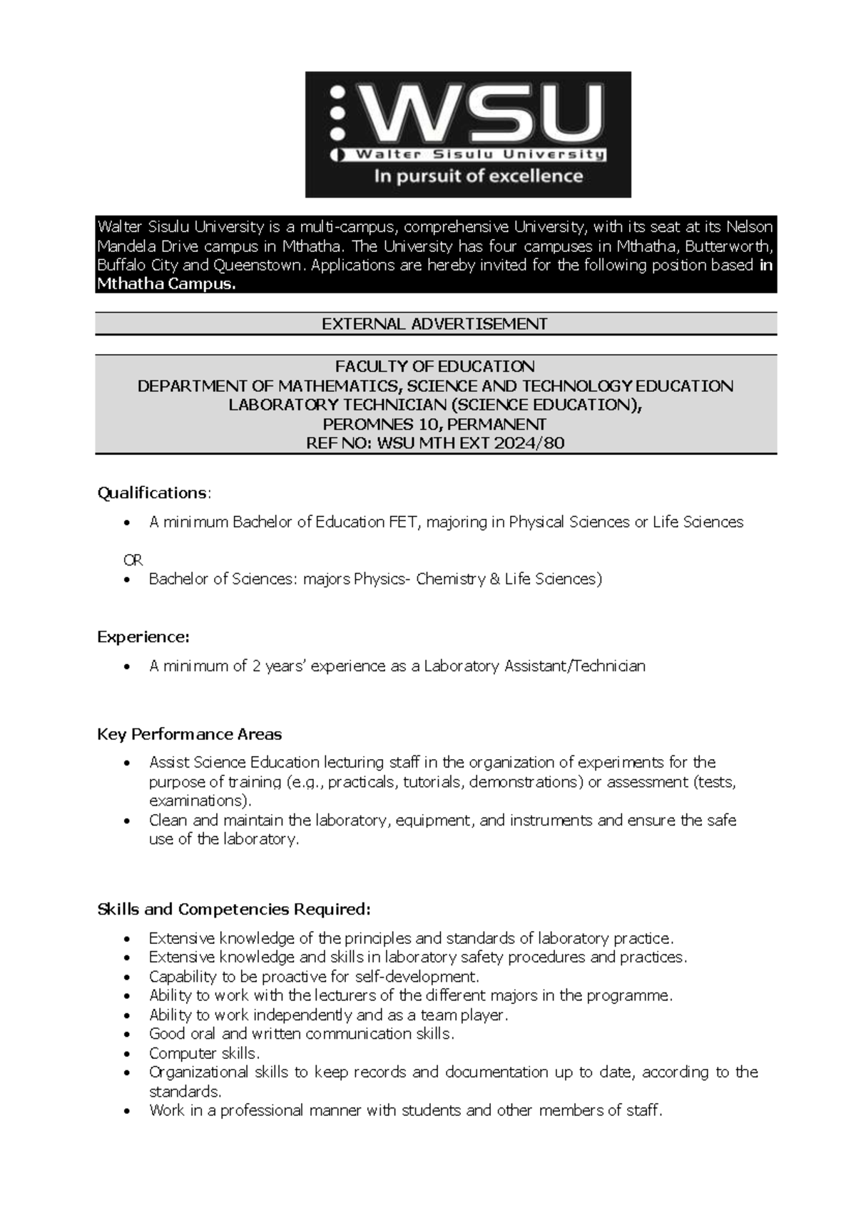 Laboratory Technician MSTE. External Advert - Walter Sisulu University is a multi-campus, - Studocu