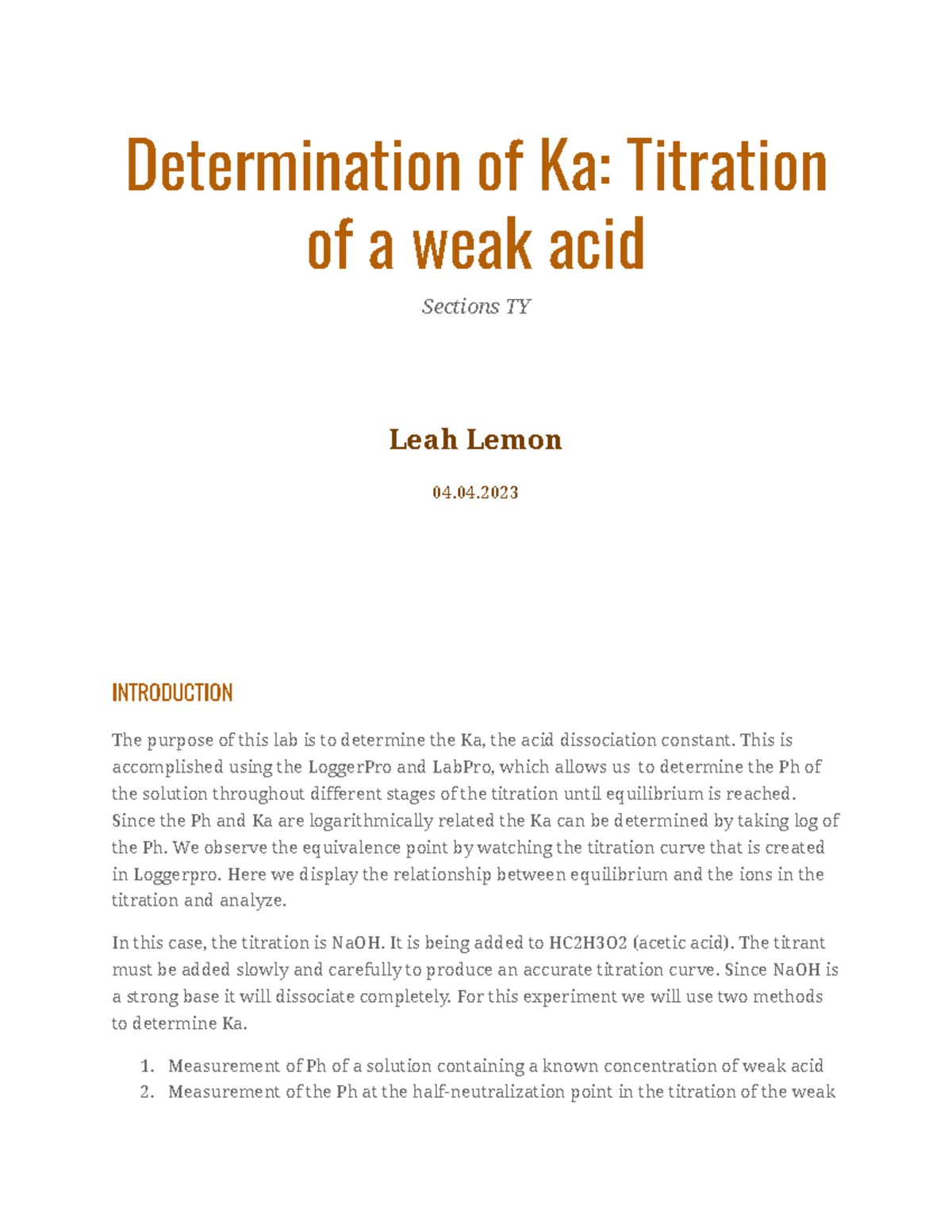 Determination of Ka: Titration of a weak acid - Determination of Ka ...