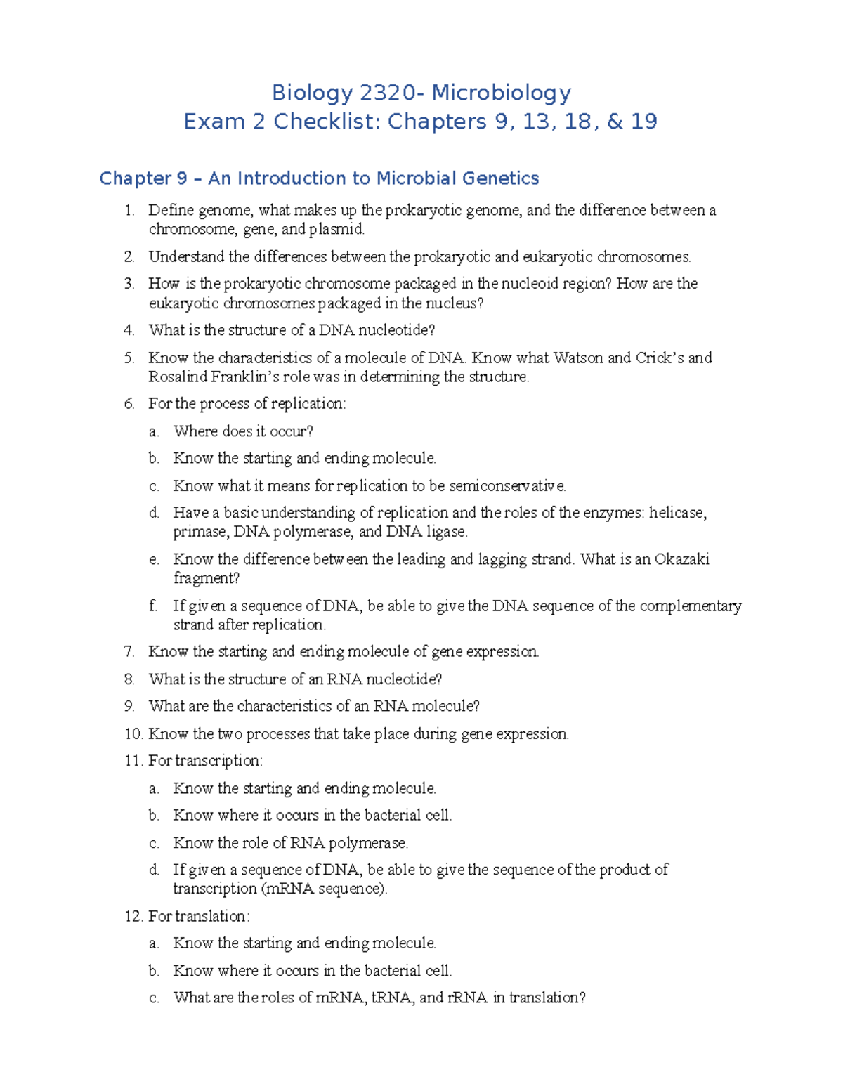 Biology 2320 - Microbiology Exam 2 Study Guide: Ch. 9, 13, 18, 19 - Studocu