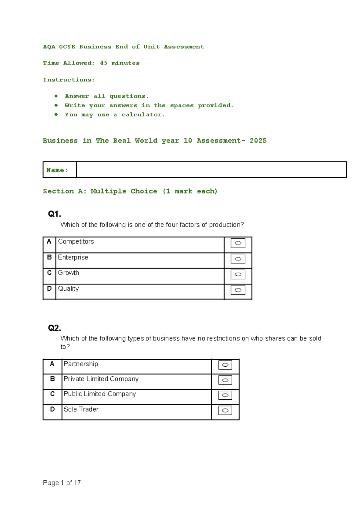 AQA GCSE Business Year 10 End of Unit Assessment 2025 - Studocu