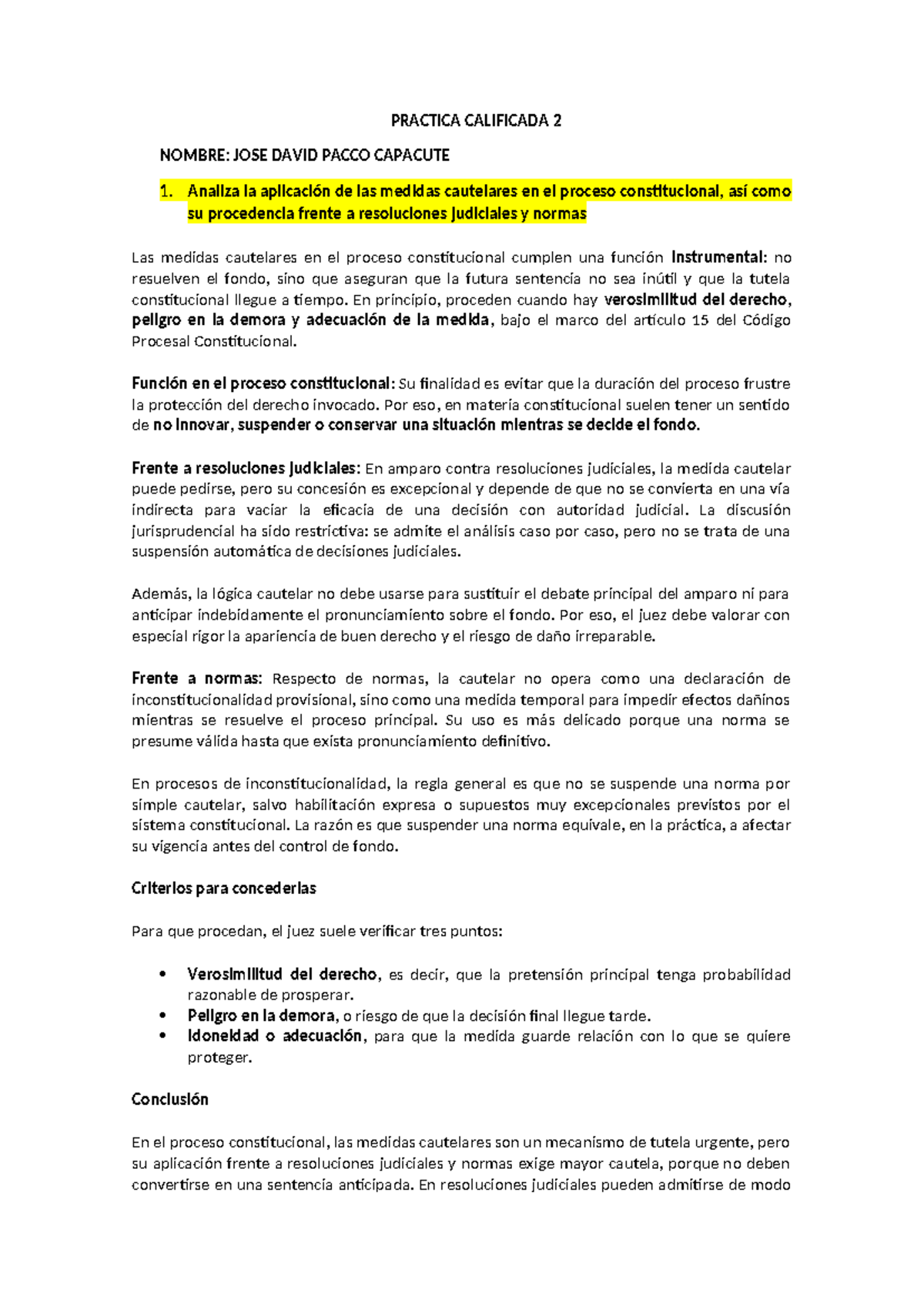 Práctica Calificada 2: Medidas Cautelares y Habeas Corpus - Studocu