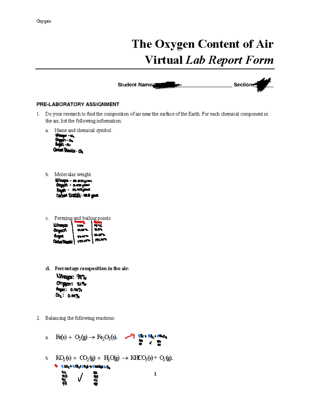 Oxygen Content Analysis in Air: Virtual Lab Report Form - Studocu
