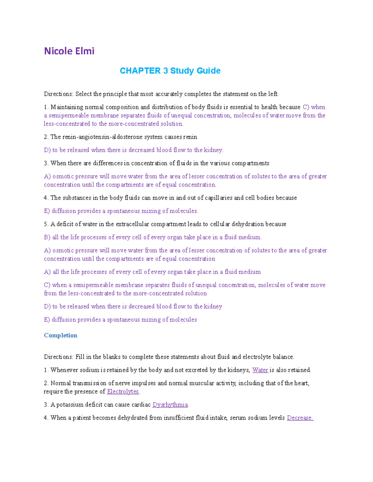 Study guide cardio - Nicole Elmi CHAPTER 3 Study Guide Directions ...