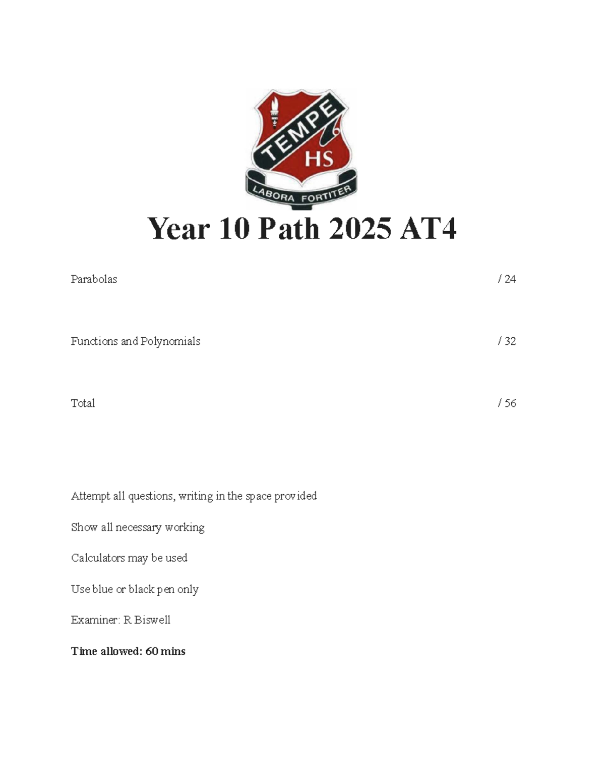 Year 10 Path 2025 AT4 24 Functions, Polynomials, and Parabolas Exam ...
