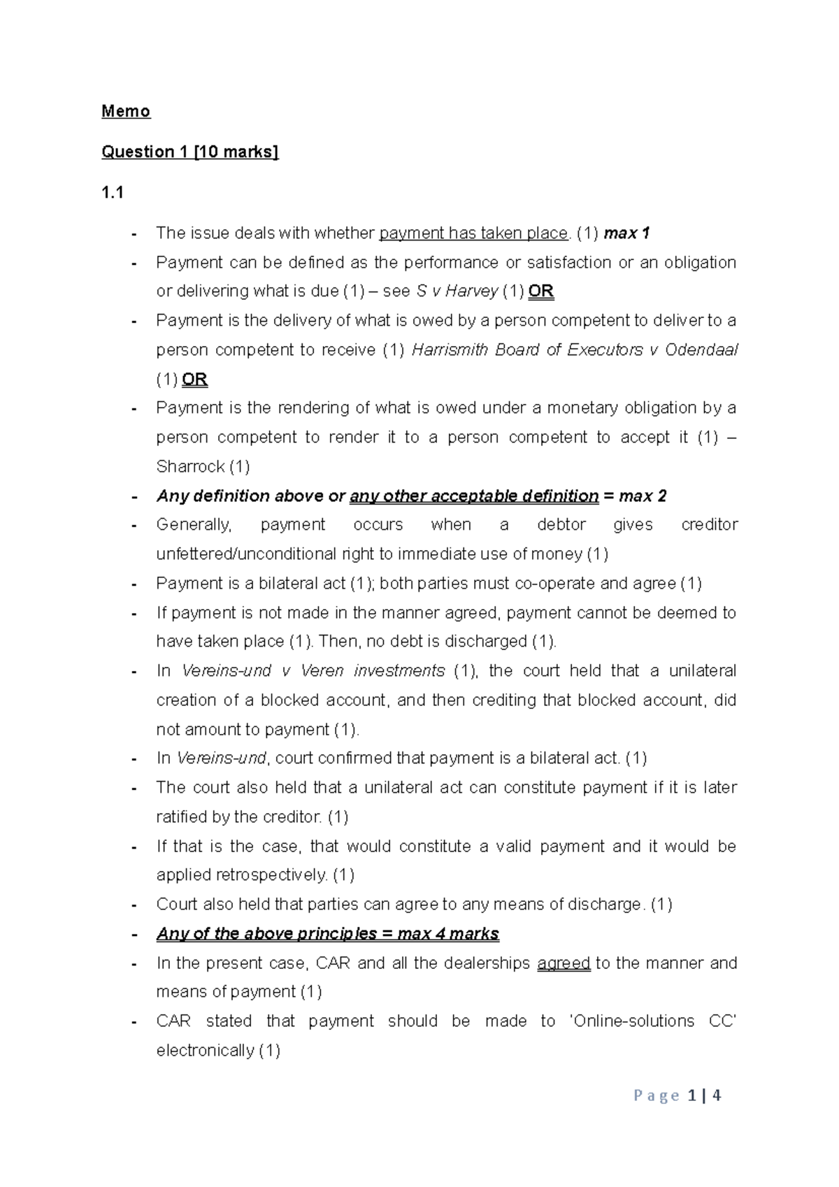 Test 1 memo + paper - Memo Question 1 [10 marks] 1. - The issue deals ...