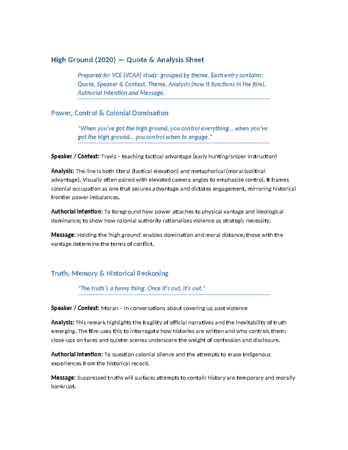 High Ground (2020) Quote Analysis Sheet for VCAA Study: Thematic ...
