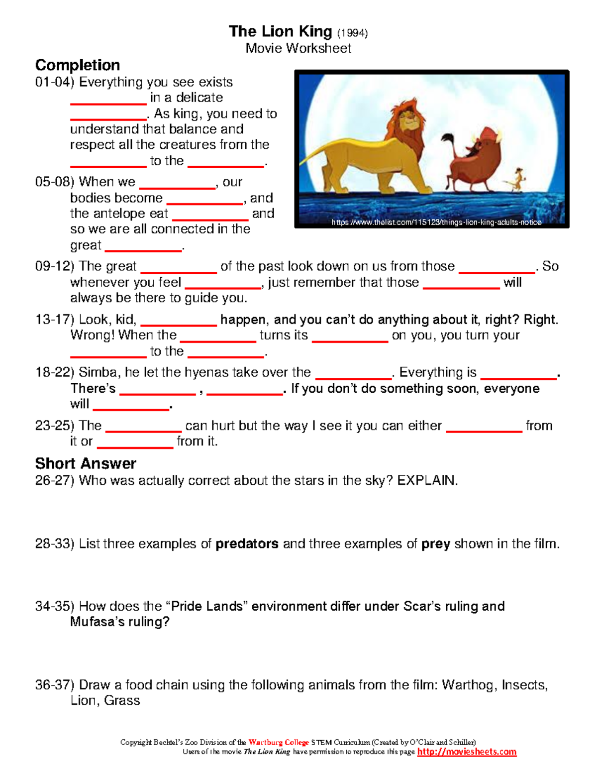 Lion King Worksheet Answers