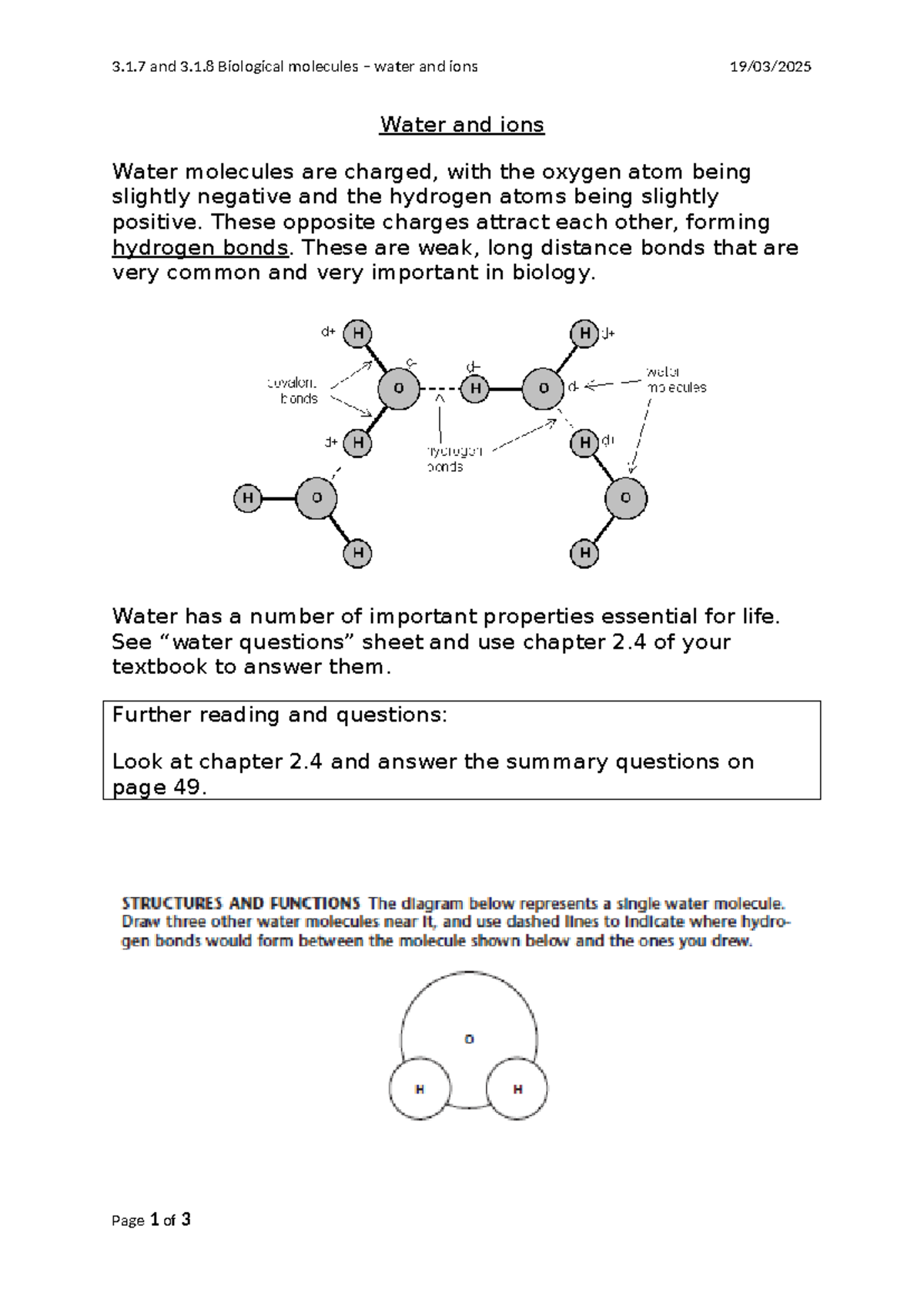Topic 1 - Notes on waters and ions - 3.1 and 3.1 Biological molecules ...