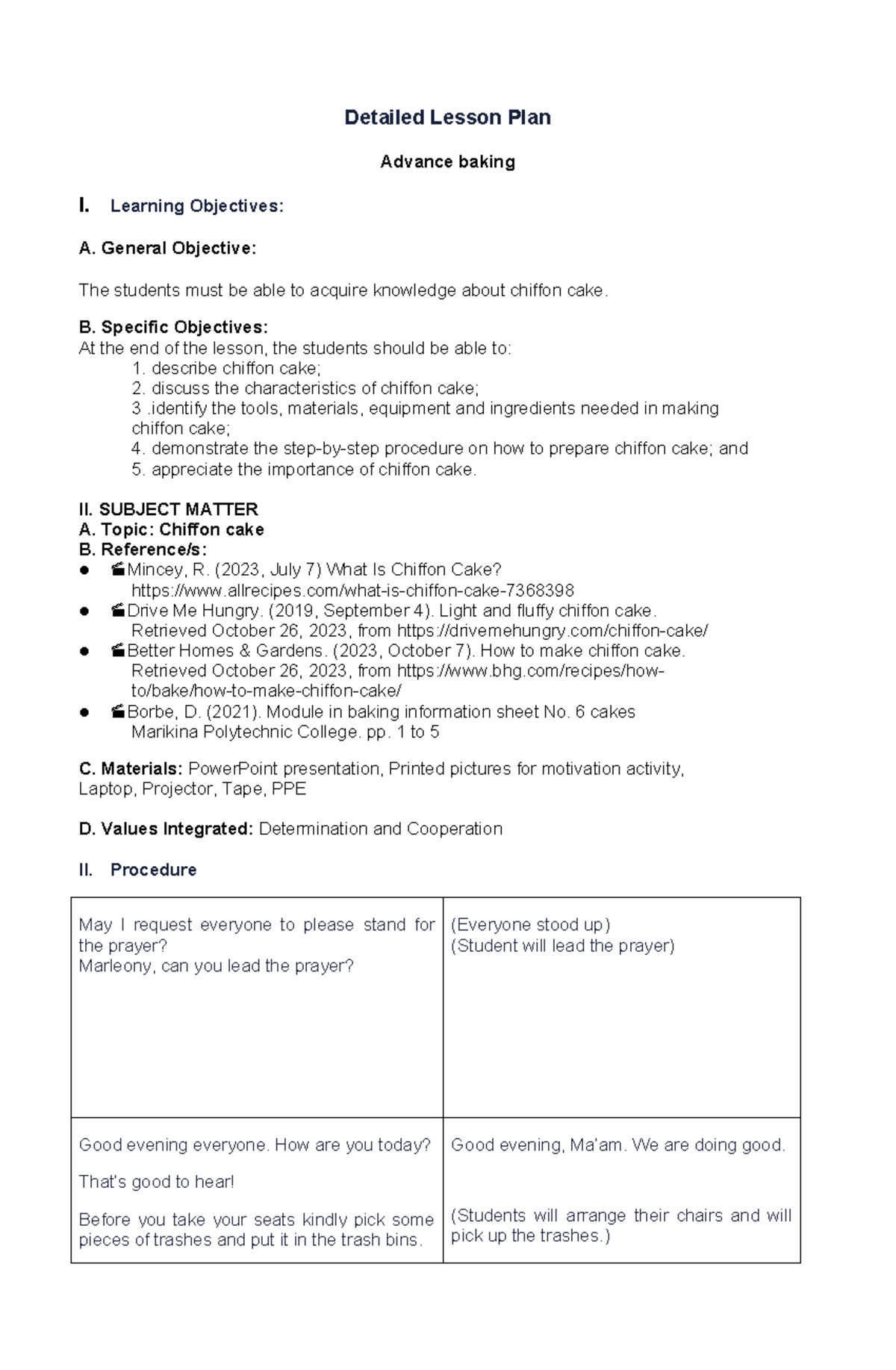 Detailed Lesson Plan on Chiffon Cake in PED 8 - Studocu