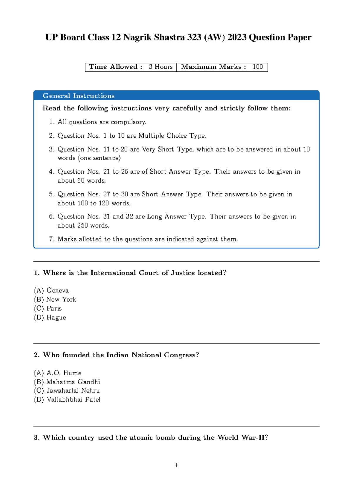 UP Board Class 12 Nagrik Shastra 323 (AW) 2023 Question Paper - Studocu