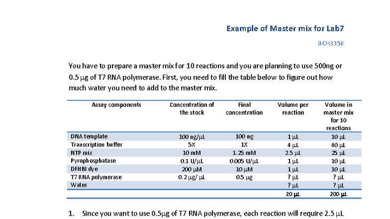 Master Mix Preparation Guide for Lab7 BCH3356 - Studocu
