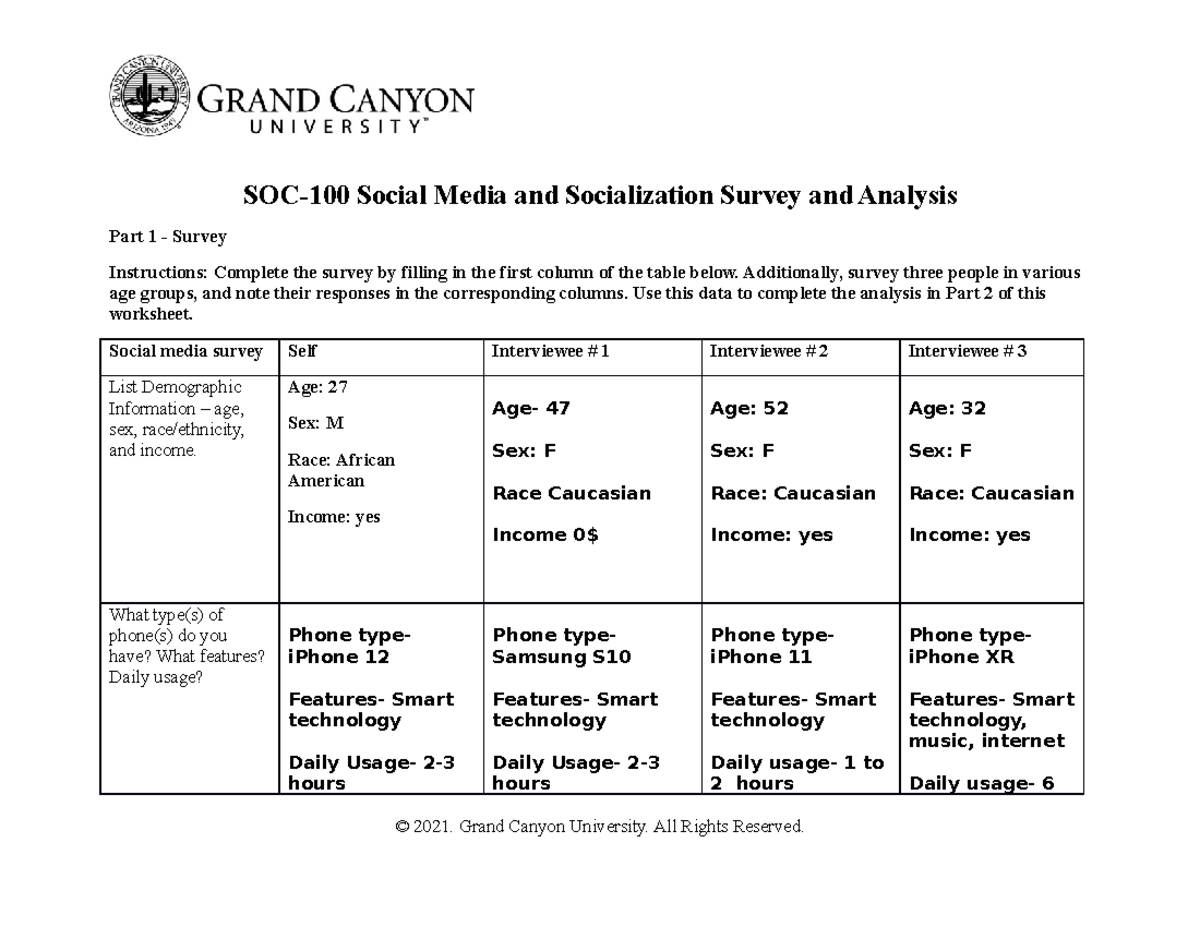 SOC-100 Social Media's Impact on Socialization: Survey & Analysis - Studocu