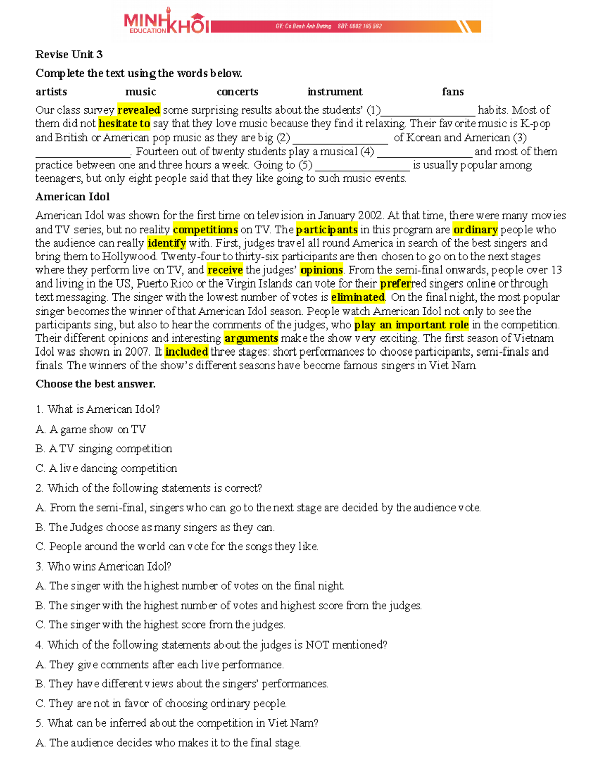 Reading writing looking back unit 3 - Revise Unit 3 Complete the text ...