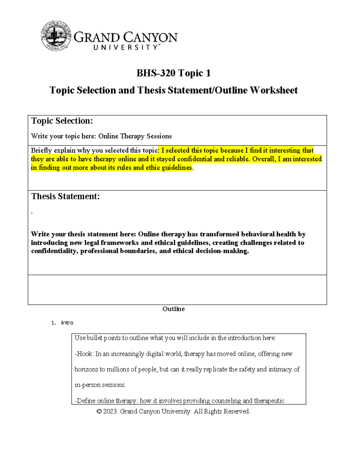 BHS 320 Topic Selection Thesis & Outline on Online Therapy - Studocu