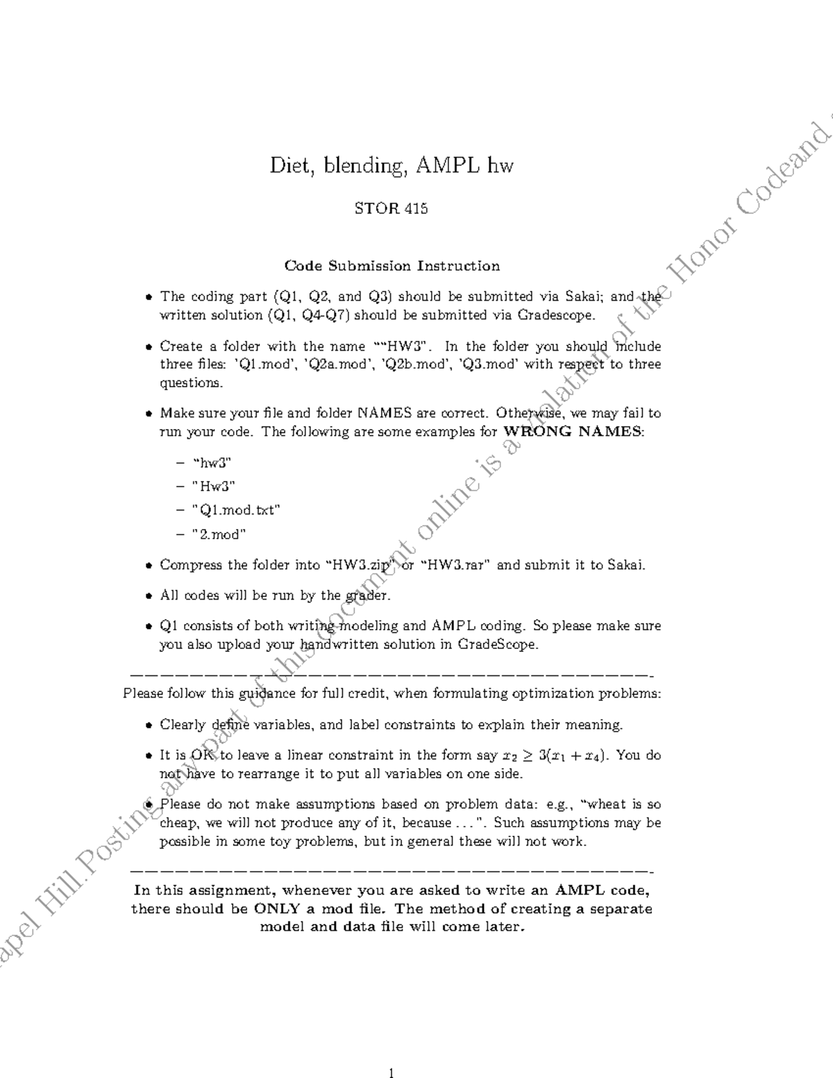 STOR 415 - HW3: AMPL Code & Optimization Model Submission Guide - Studocu