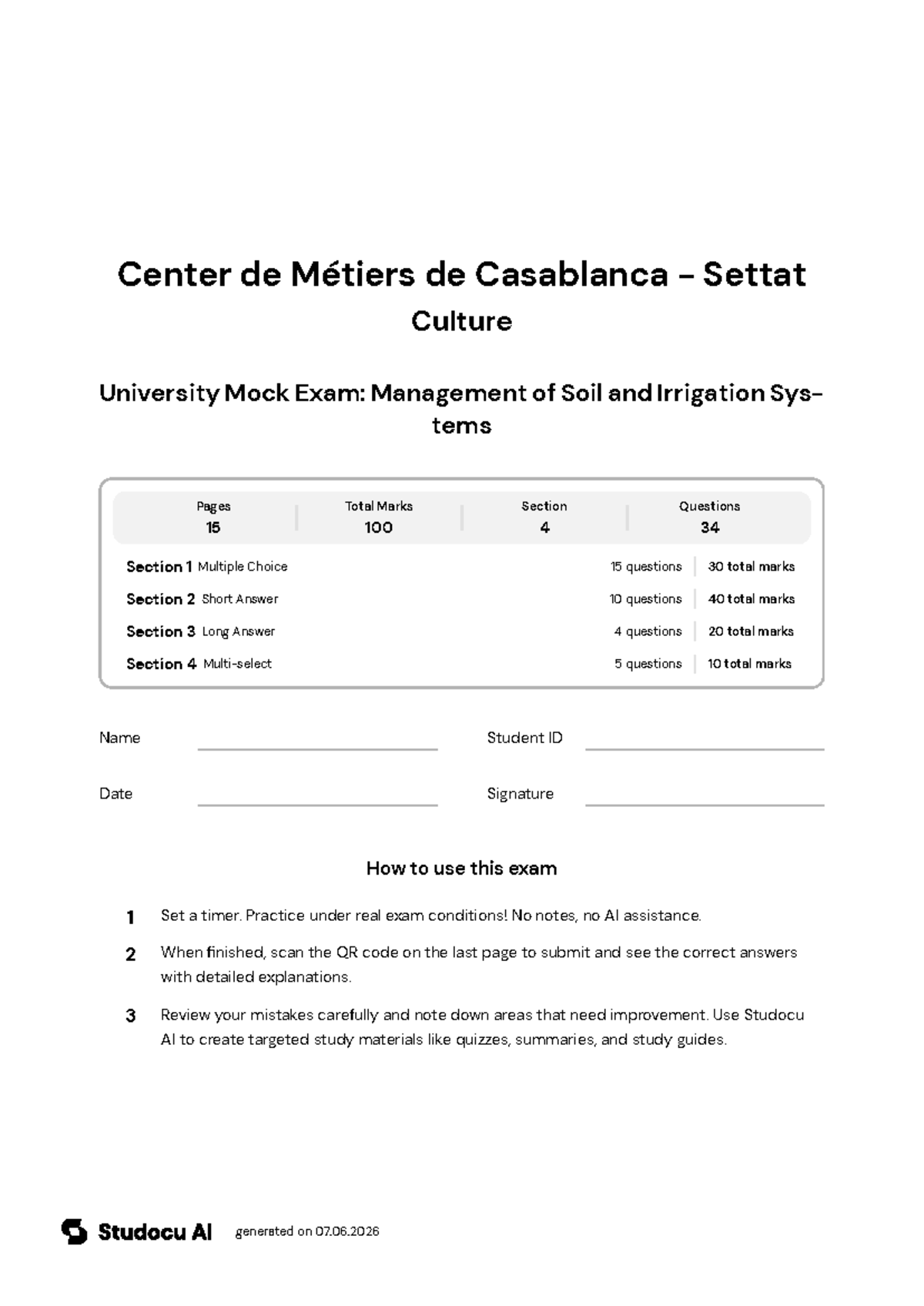 Mock Exam: Management of Soil and Irrigation Systems - Studocu