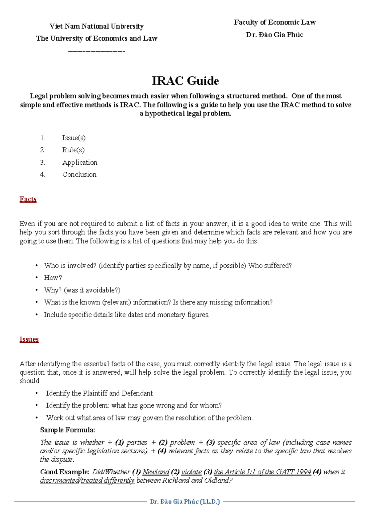IRAC Method Guide - Unit 1 for Legal Problem Solving - Dr. Phuc - Studocu