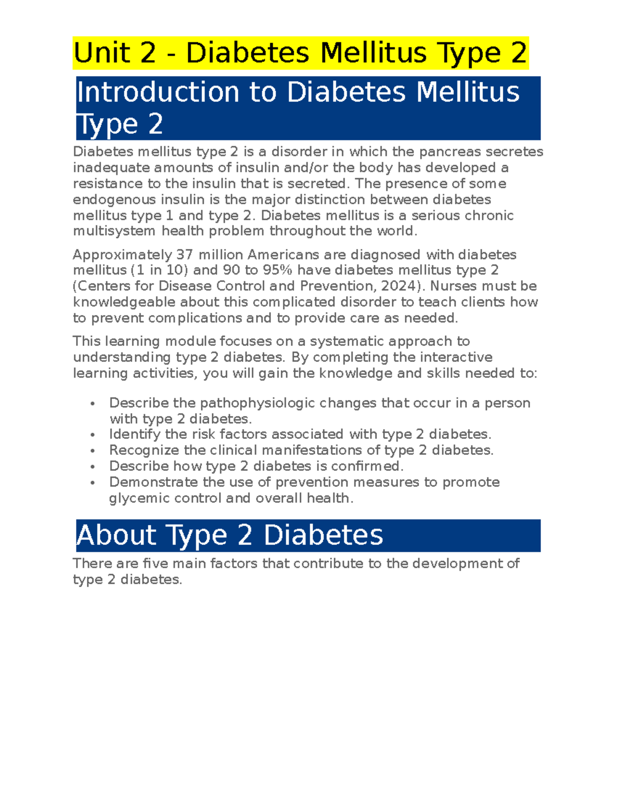 Unit 2 - Understanding Type 2 Diabetes Mellitus: Key Concepts and Care ...