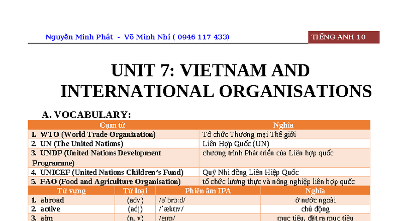 TIẾNG ANH 10: UNIT 7 - VIETNAM AND INTERNATIONAL ORGANISATIONS ...