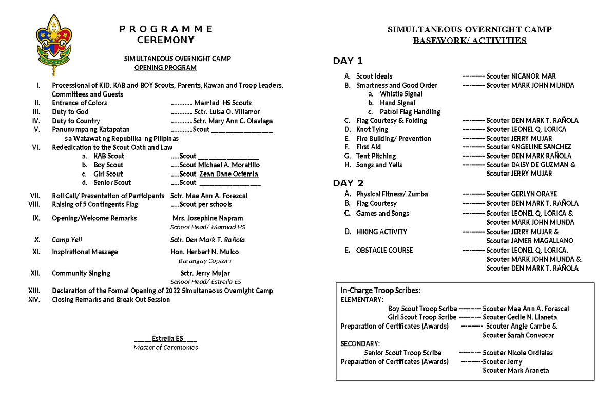Cluster A (Buyo) Camp Program - P R O G R A M M E CEREMONY SIMULTANEOUS ...