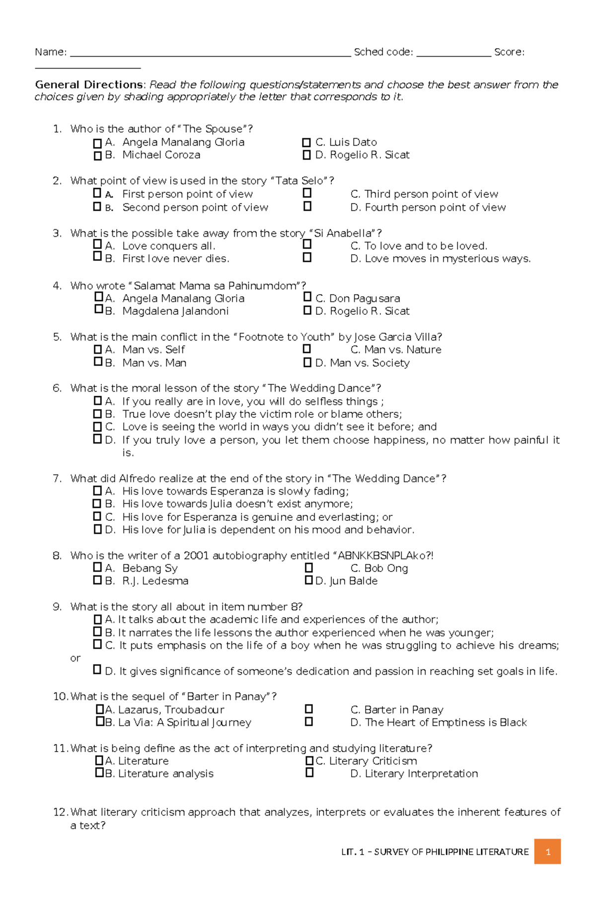 LIT.1 Final examination for studocu - Name: Sched code: Score: General ...