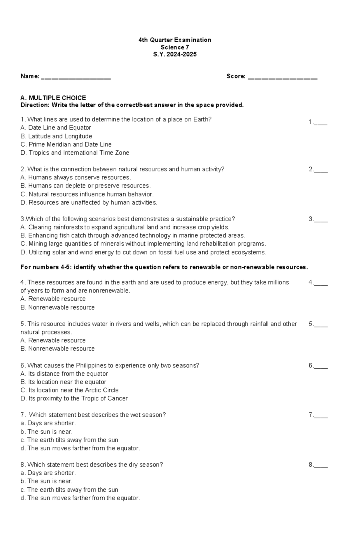 Science 7 S.Y. 4th Quarter Exam Sample Test Questions - Studocu